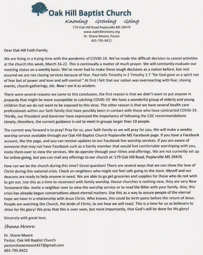 Letter from Pastor Shane Moore - Oak Hill Baptist Church